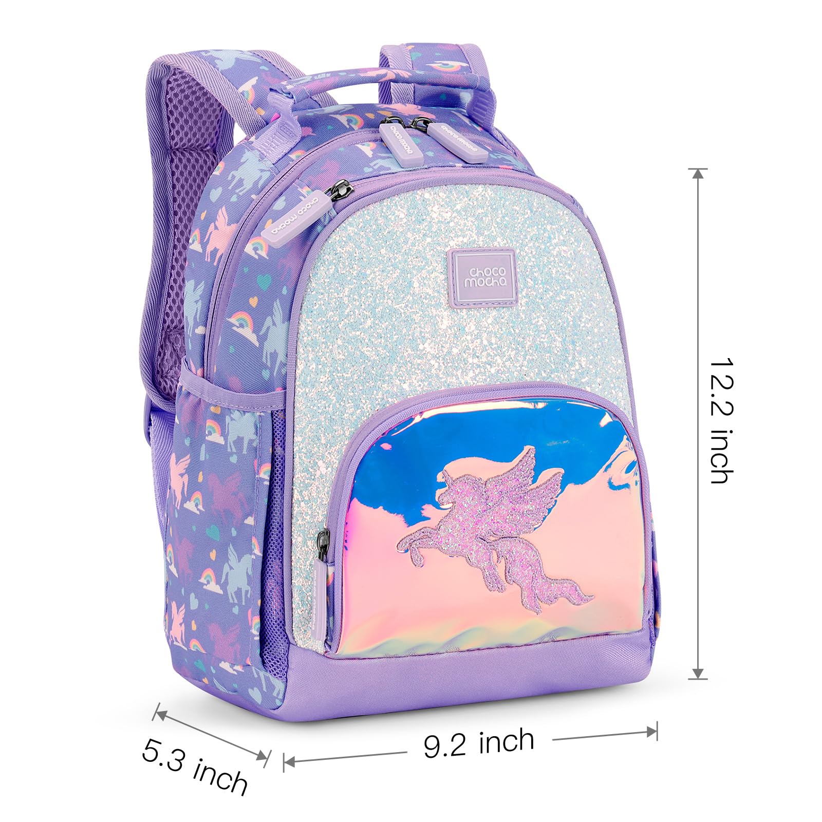 Choco Mocha Unicorn Toddler Backpack for Little Girls, Kids Pre Kindergarten Daycare Sparkle Backpack for Toddler 12 Inch, Glitter Bling Purple