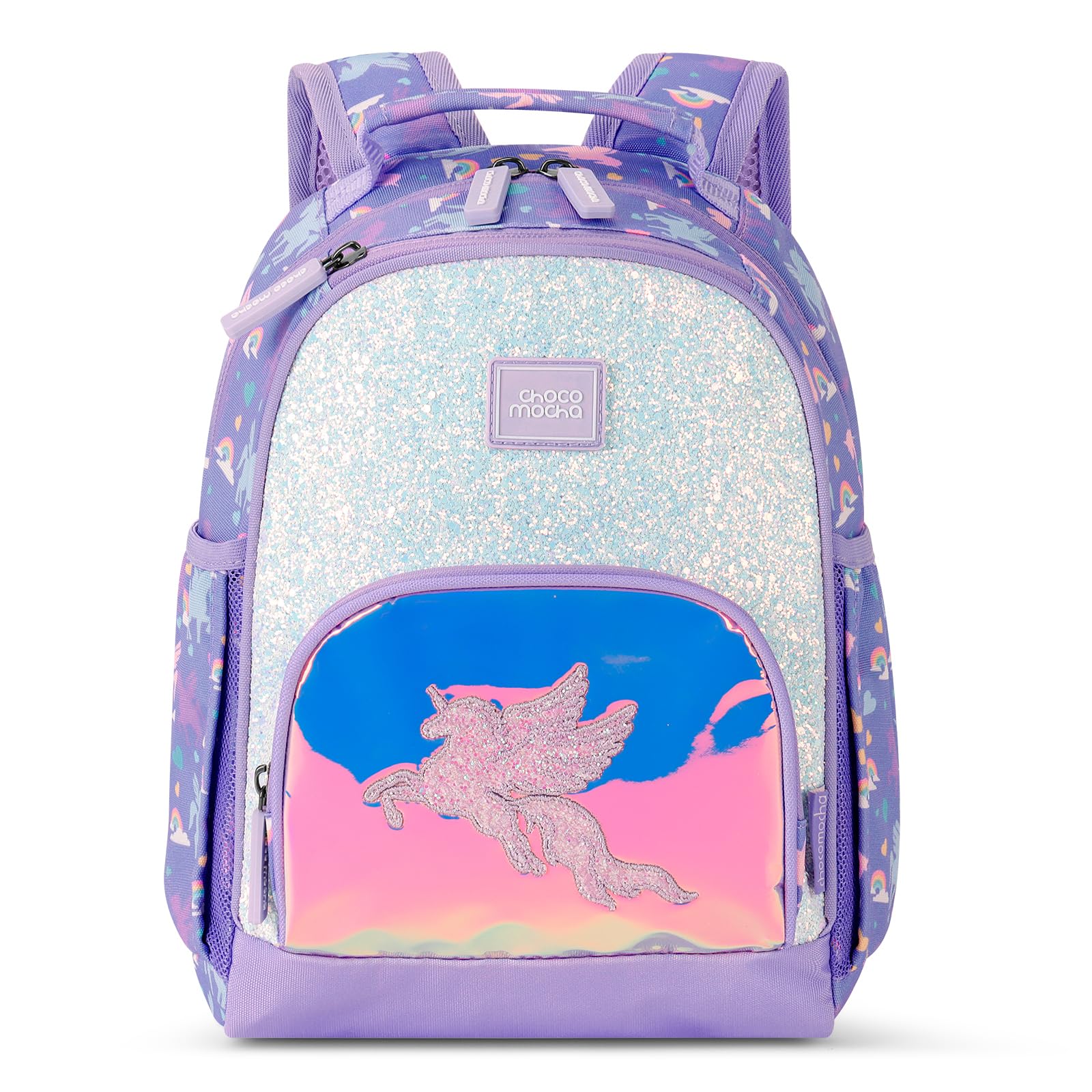 Choco Mocha Unicorn Toddler Backpack for Little Girls, Kids Pre Kindergarten Daycare Sparkle Backpack for Toddler 12 Inch, Glitter Bling Purple