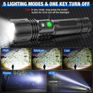 LED Flashlights High Lumens Rechargeable, 100000 Lumens Super Bright Powerful Flashlight, Type-C, 5 Modes, Zoomable, IPX5 Waterproof High Powered Tactical Flash Light for Emergency Camping Hiking