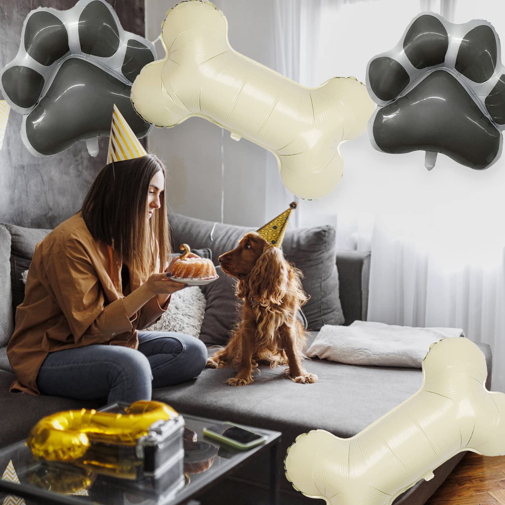 JANSONG 4 Pieces Large Bone Shaped Balloons Foil Helium Aluminum Balloons and Large Dog Print Balloon Dog Party Birthday Party Decorations Supplies