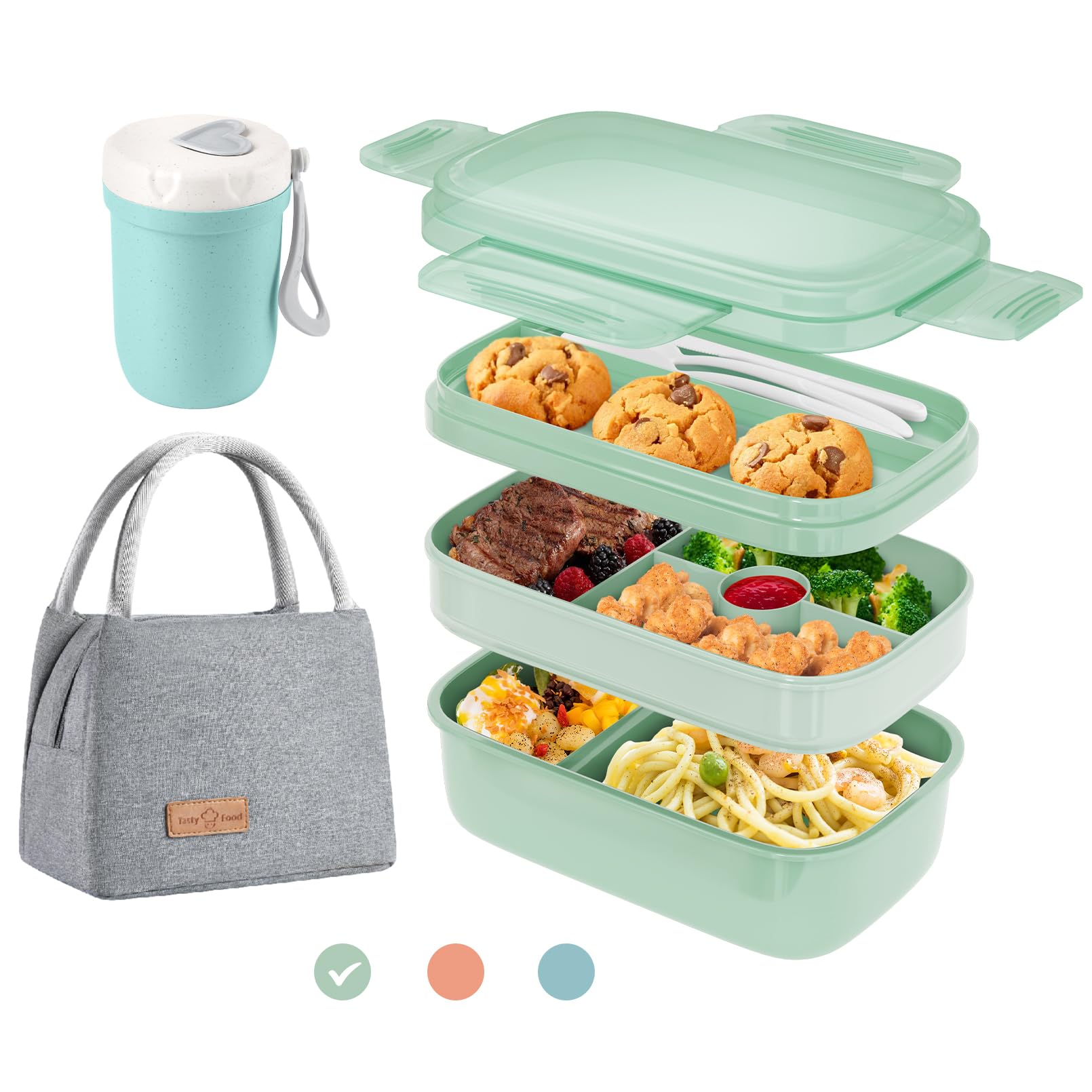 Korlon Bento Lunch Box, Large Capacity Lunch Containers for Adults & Kids, 3 Layers All-in-One Leakproof Kids Bento Box for School, Work with Lunch Bag and Accessories