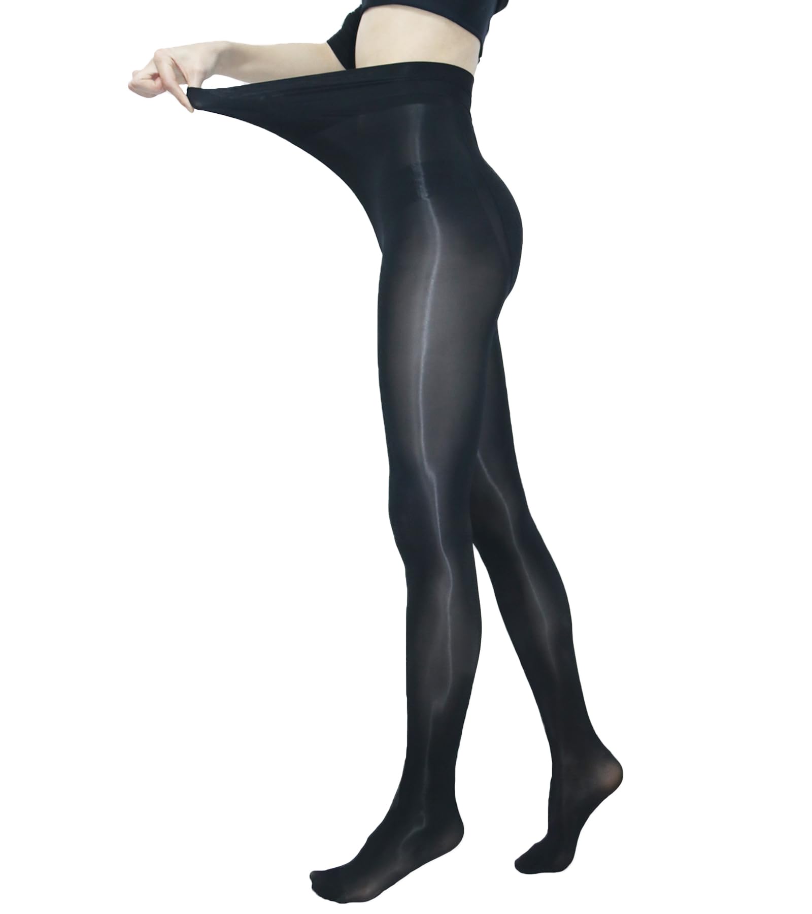 GOCBOBO Women's Oil Shiny Pantyhose High Waist Control Top Sheer Glossy Tights Plus Size Silk Pantyhose for Women Black