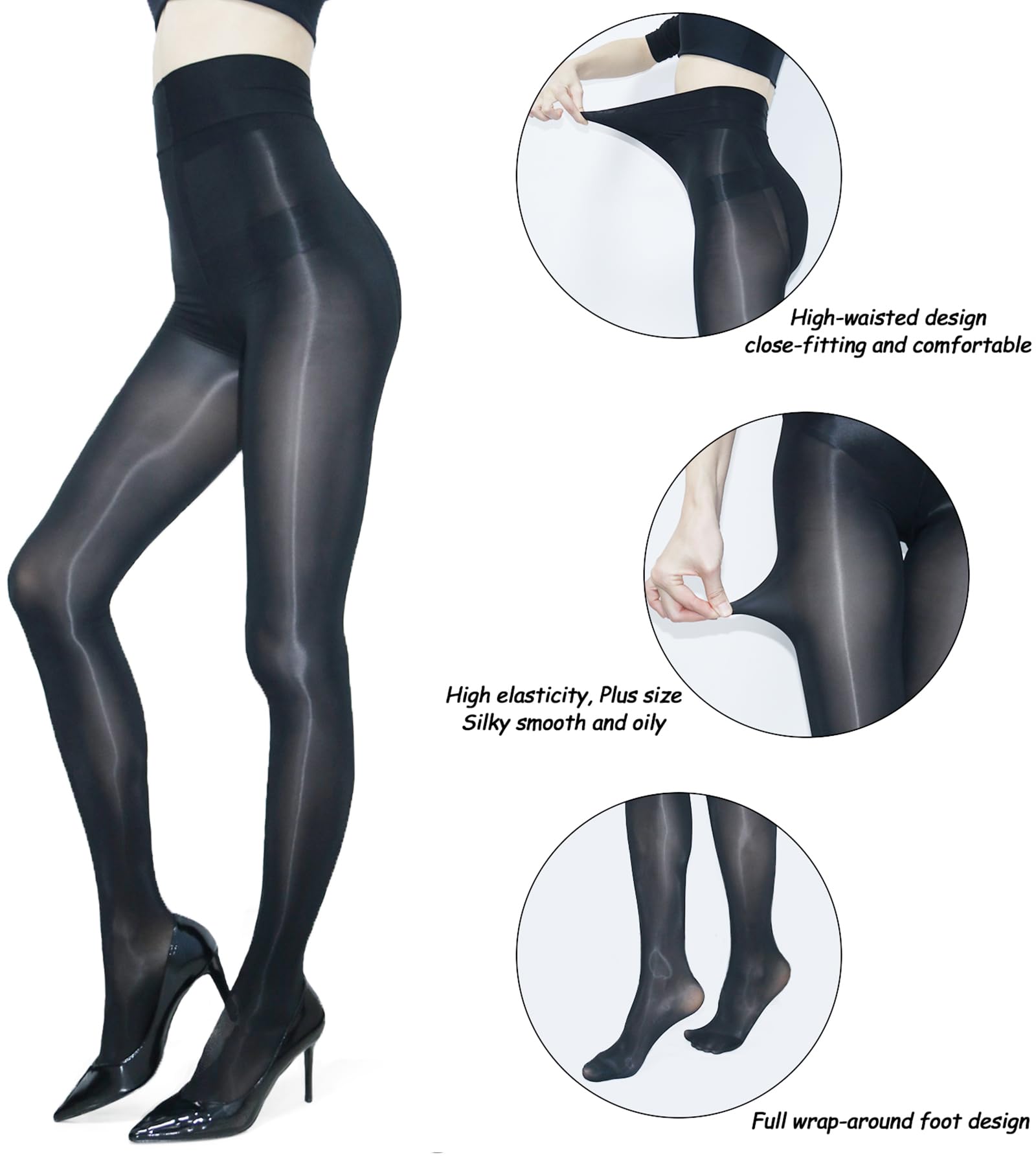 GOCBOBO Women's Oil Shiny Pantyhose High Waist Control Top Sheer Glossy Tights Plus Size Silk Pantyhose for Women Black