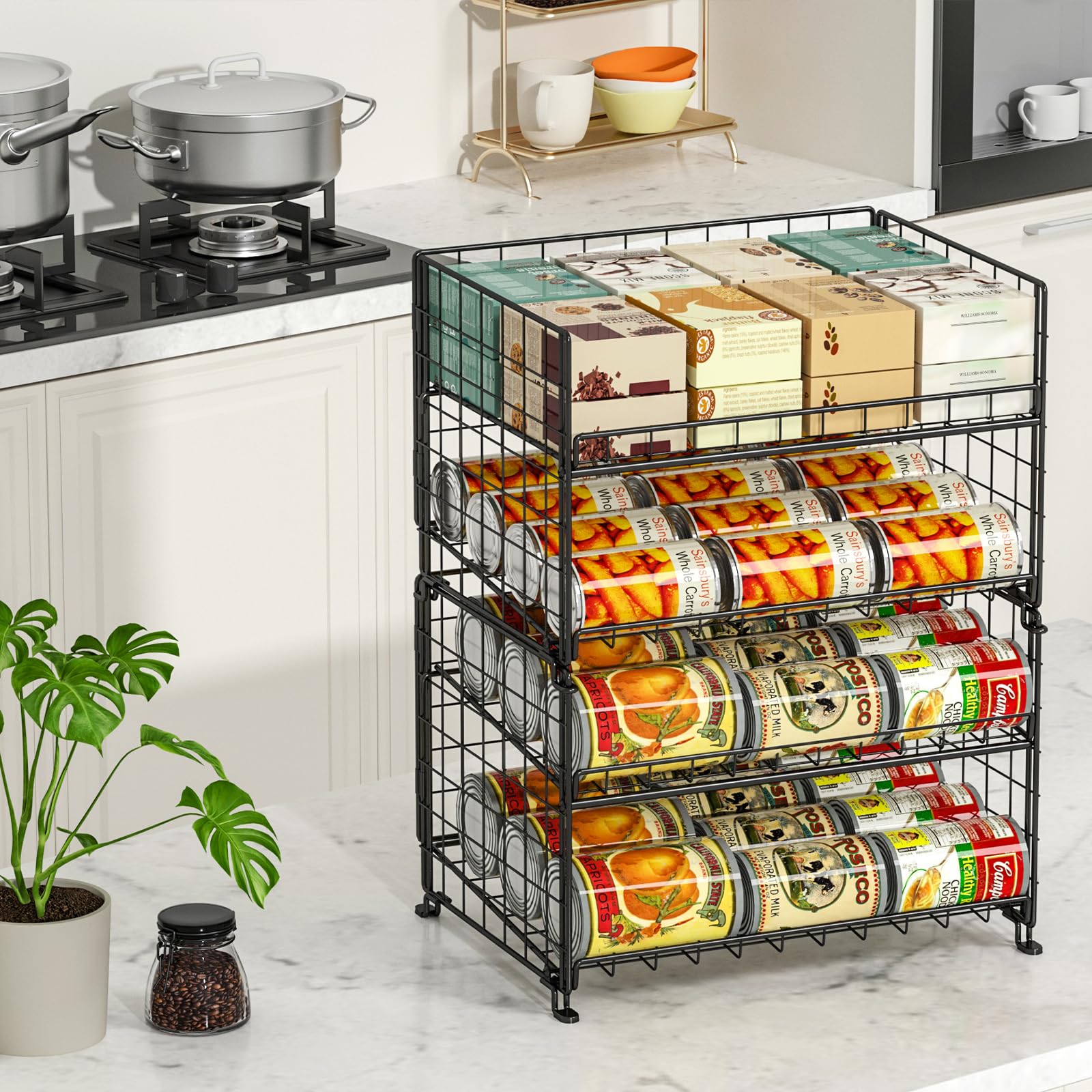 JKsmart 4-Tier Stackable Can Rack Organizer, Can Storage for Kitchen Pantry Cabinet, Can Holders for Food, Multifunctional Can Dispenser for Snacks Soda