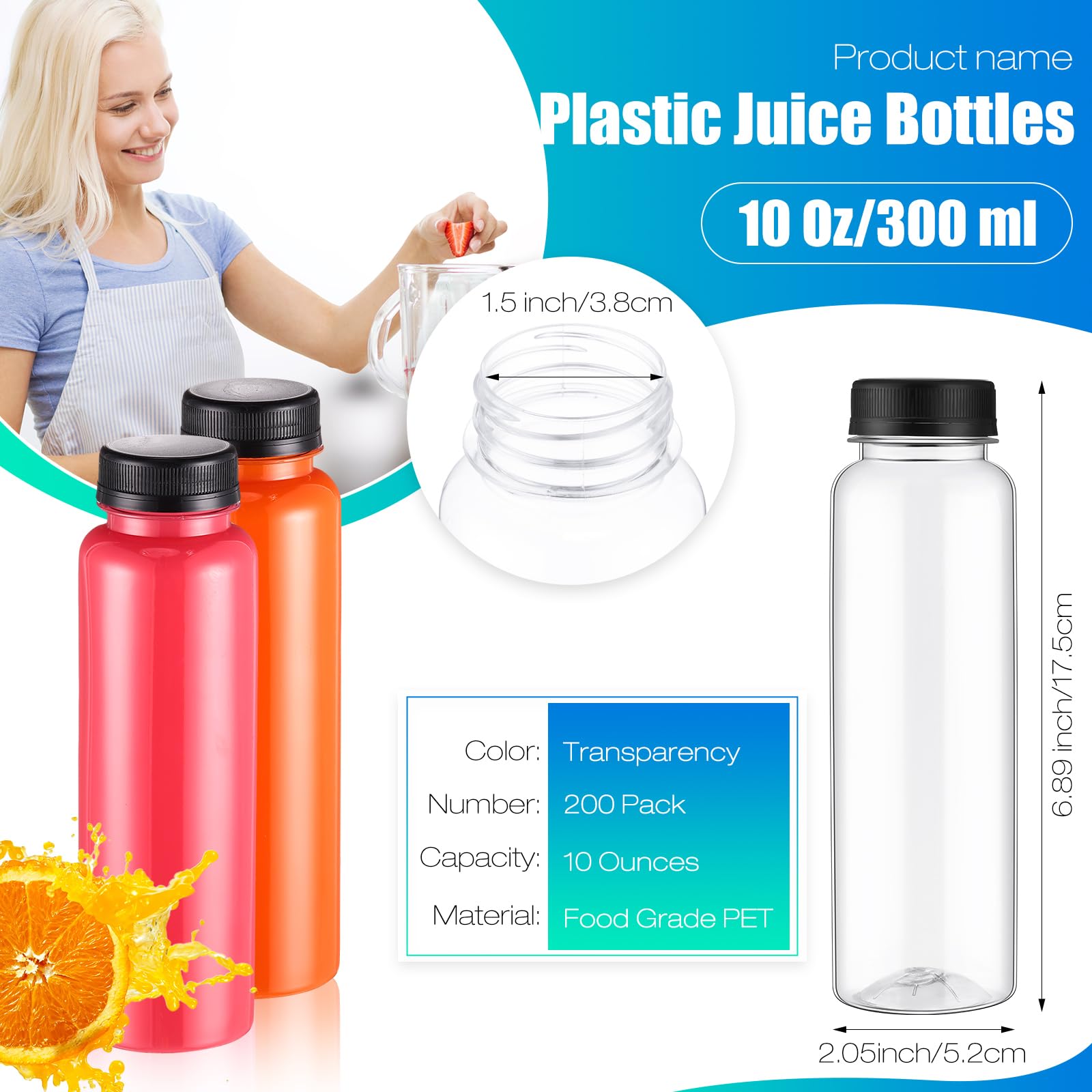 Tanlade 200 Pack Plastic Juice Bottles with Caps Clear Reusable Drink Containers with Caps Empty PET Beverages Bottles Bulk for Juicing Smoothies Drinking Beverages Fridge (Black, 10 oz)