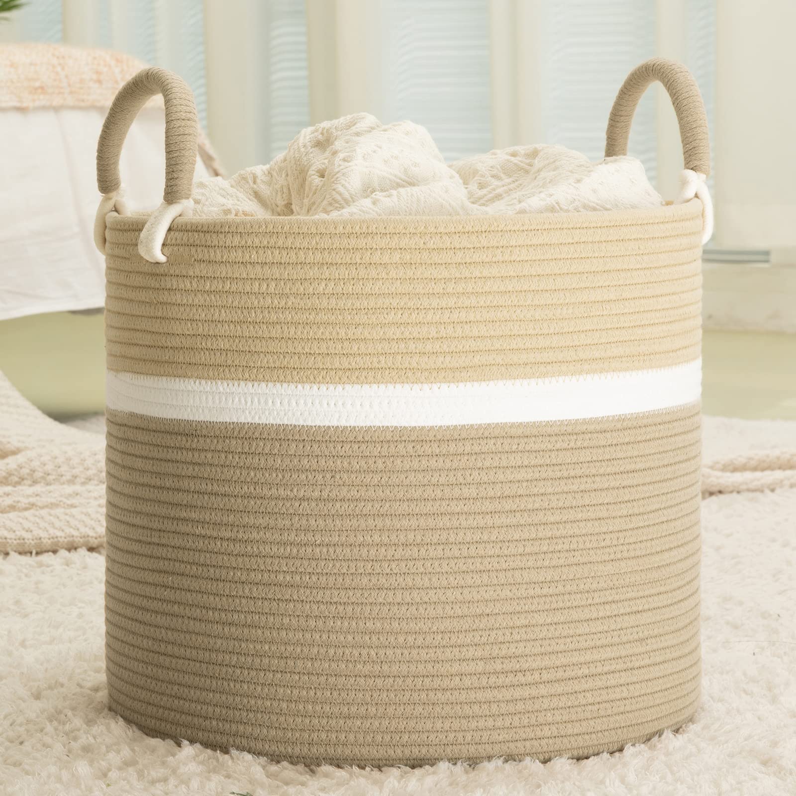 OIAHOMY Cotton Rope Basket 15.8" x 15.8" x 13.8"-Woven Blanket Basket, Baby Laundry Basket, Nursery Kids Toy Storage Organizer,Yellow & Yellow