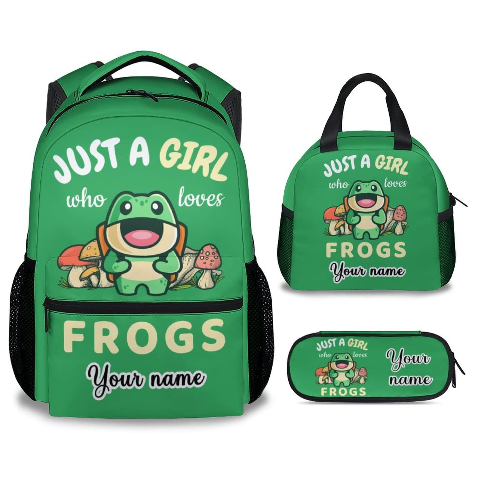 CUNEXTTIME Custom Frog Backpack with Lunch Box And Pencil Case, Set of 3 Cute Bookbag for Girls Boys, Lightweight Large Capacity School Bag