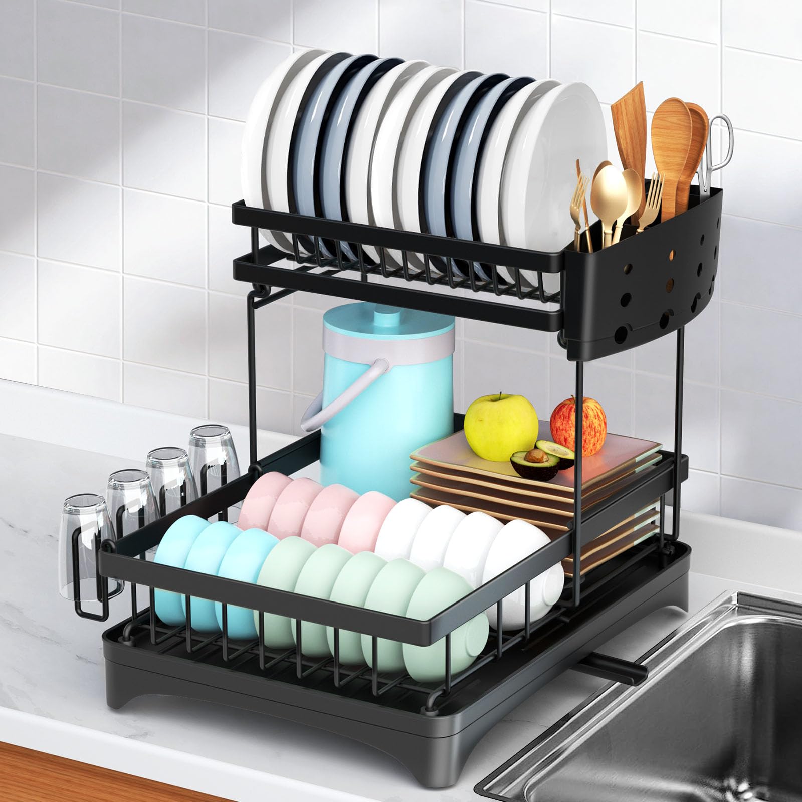 Zyerch Dish Rack 2 Level Countertop Drying Rack with Drain Tray, Kitchen Dish Strainers with Utensil Holder,Overhang Cutting Boards Large Capacity and Space Saving