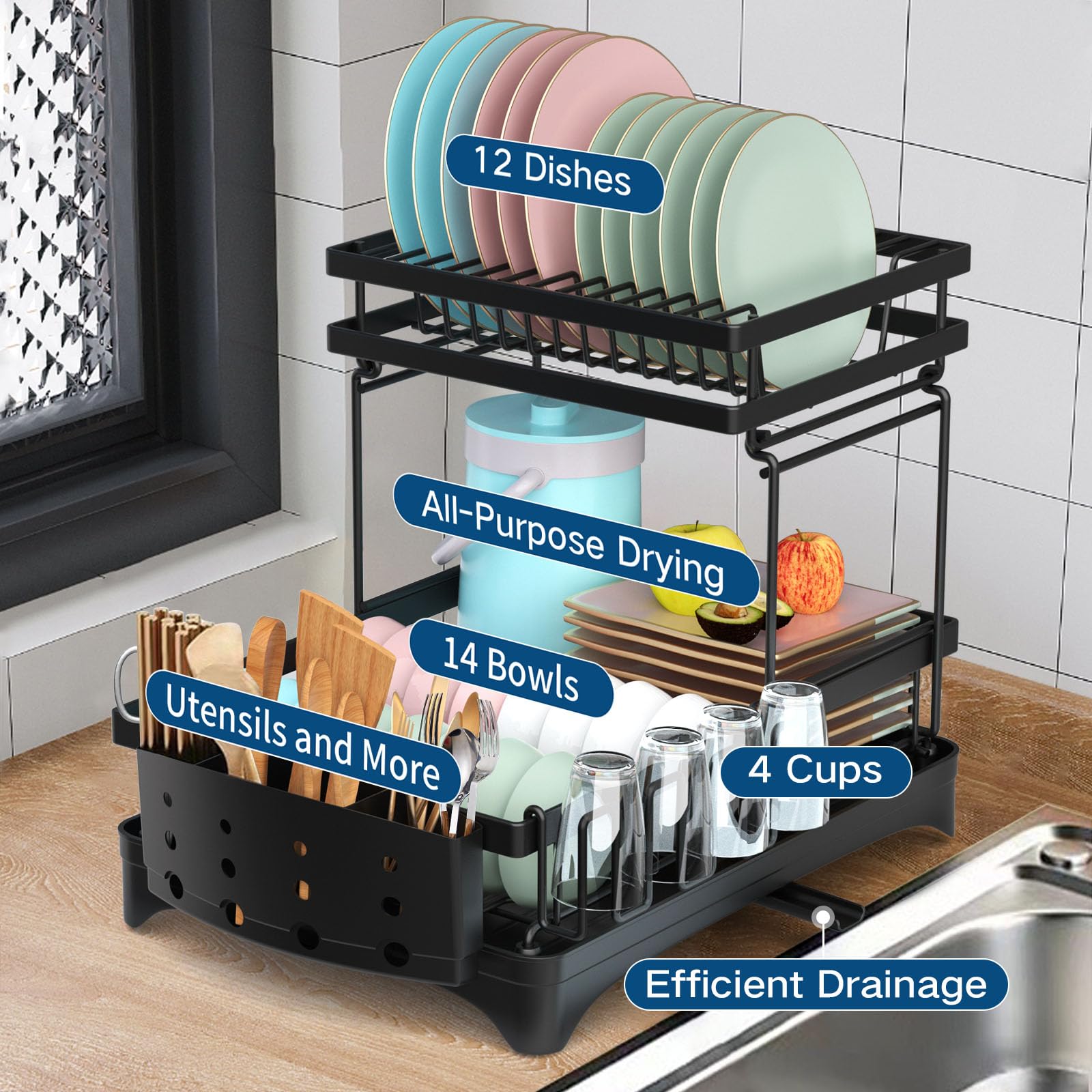 Zyerch Dish Rack 2 Level Countertop Drying Rack with Drain Tray, Kitchen Dish Strainers with Utensil Holder,Overhang Cutting Boards Large Capacity and Space Saving