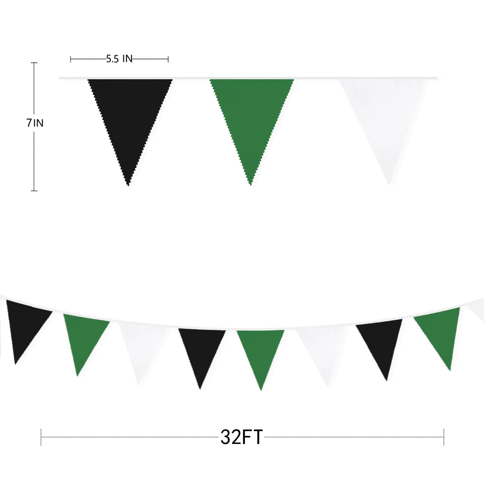 32Ft Green White Black Party Decorations Green Black Fabric Triangle Banner Flag Pennant Bunting Garland Streamers for Graduation Gaming Birthday Soccer Halloween Wedding Outdoor Garden Decorations