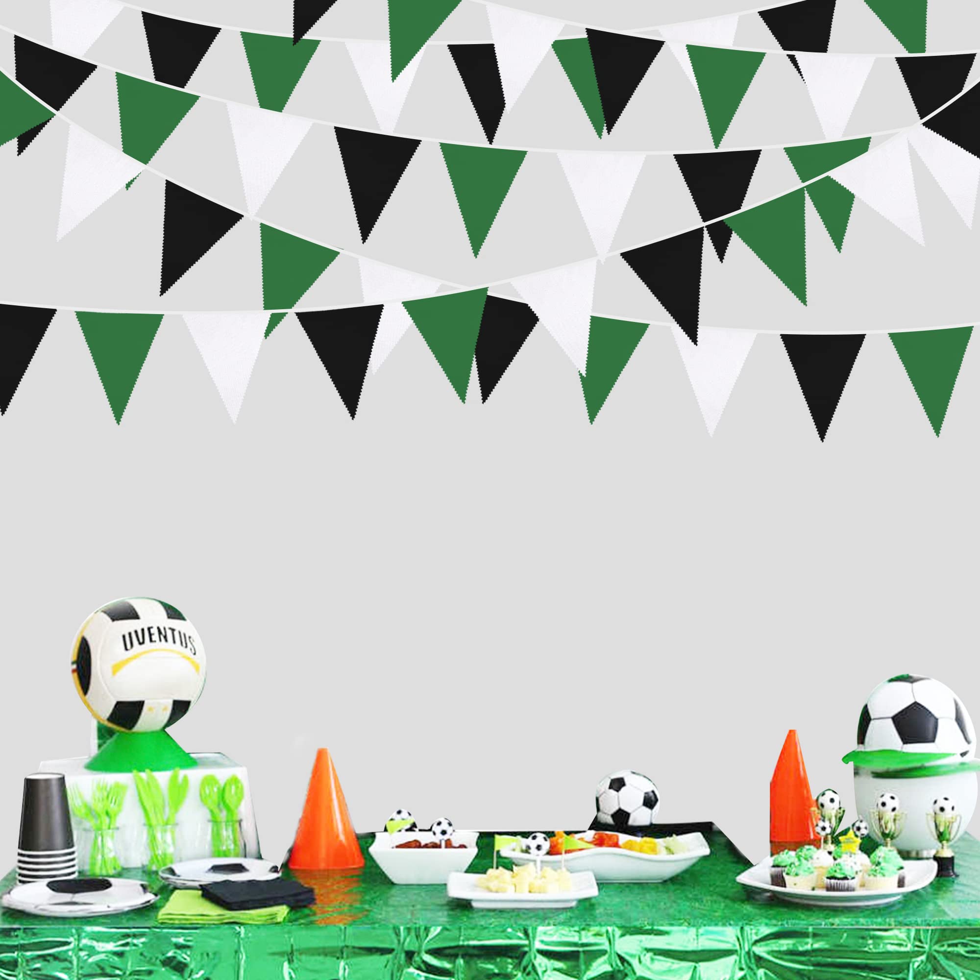 32Ft Green White Black Party Decorations Green Black Fabric Triangle Banner Flag Pennant Bunting Garland Streamers for Graduation Gaming Birthday Soccer Halloween Wedding Outdoor Garden Decorations