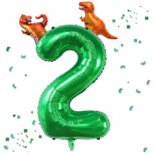 40 inch green number 2 & 2 pcs mini dinosaur balloon for boys birthday party decorations, 2nd birthday dinosaur party supplies, green jungle dinosaur theme birthday party balloons decorations