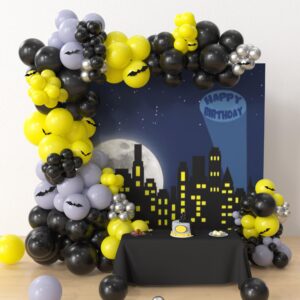 hyowchi bat superhero party decorations - 151 pcs bat birthday party balloon garland arch kit, yellow black silver latex balloon arch for bat inspired hero birthday party decorations supplies