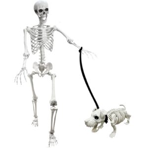 lodou 5.4ft posable life size human adult skeletons with dog skeleton, plastic human bones with movable joints for halloween decoration