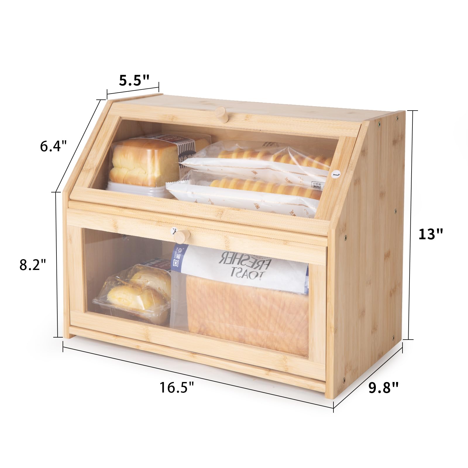 LEIMO KPARTS Bread Storage Farmhouse Bread Box For Kitchen Countertop,Double Layer Bamboo Wooden BreadBox Large Capacity Bin Bread Holder For Kitchen Counter Bread Container With Clear Window