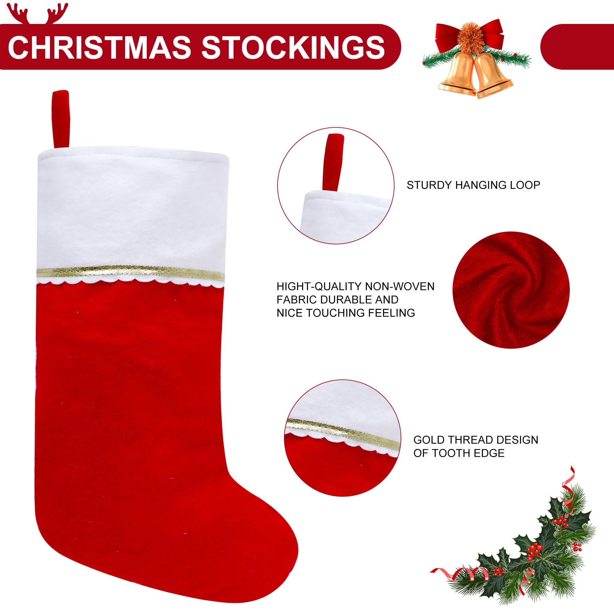 CHOTONIC 36 Pack Red and White Felt Christmas Stockings, 19 Inches White Cuff with Gold Trim DIY Personalized Christmas Stockings for Family Holiday Season Decor Kids Xmas Decorations