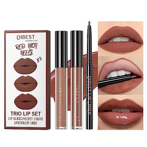 ZAMANIYA 3 In 1 Lip Gloss Set With Matte Lipstick ,Moisturizing Lip Gloss And 2mm Lip Liner Liquid Lipstick Long Lasting Makeup Lip Plumping Lipstick Lipgloss Soft And Smooth Like Cream (05 - Maple Leaf Red-Brown)