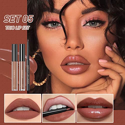 ZAMANIYA 3 In 1 Lip Gloss Set With Matte Lipstick ,Moisturizing Lip Gloss And 2mm Lip Liner Liquid Lipstick Long Lasting Makeup Lip Plumping Lipstick Lipgloss Soft And Smooth Like Cream (05 - Maple Leaf Red-Brown)