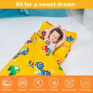 Rossison Nap Mat with Pillow and Blanket 100% Cotton with Microfiber Fill, Padded Sleeping Mat, for Daycare Preschool Toddler Prek Boys Kids (Tractor, Standard-50 x20)