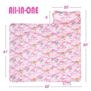 Rossison Nap Mat with Pillow and Blanket 100% Cotton with Microfiber Fill, Padded Sleeping Mat, for Daycare Preschool Toddler Prek Girls Kids (Pink Unicorn, Standard-50 x20)