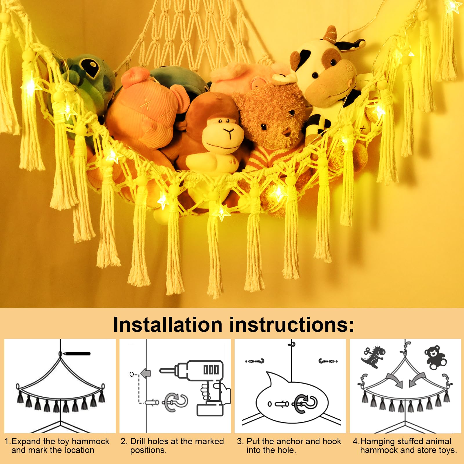 Stuffed Animal Net or Hammock with LED Light Macrame Stuffed Animal Storage Organizer Plush Animal corner Storage Doll Teddy Bear Hammock for Wall Bedroom Living Boho