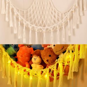 Stuffed Animal Net or Hammock with LED Light Macrame Stuffed Animal Storage Organizer Plush Animal corner Storage Doll Teddy Bear Hammock for Wall Bedroom Living Boho