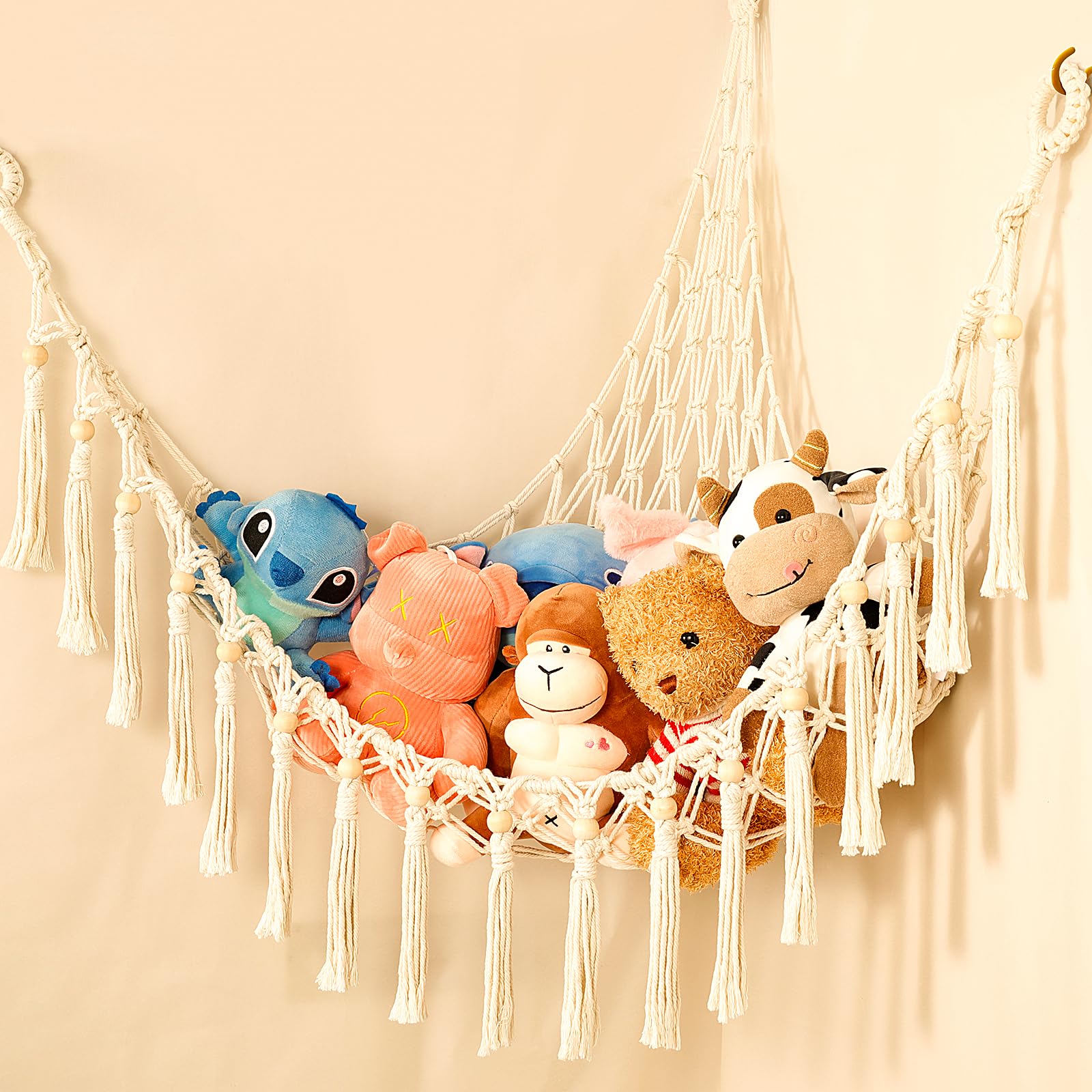 Stuffed Animal Net or Hammock with LED Light Macrame Stuffed Animal Storage Organizer Plush Animal corner Storage Doll Teddy Bear Hammock for Wall Bedroom Living Boho