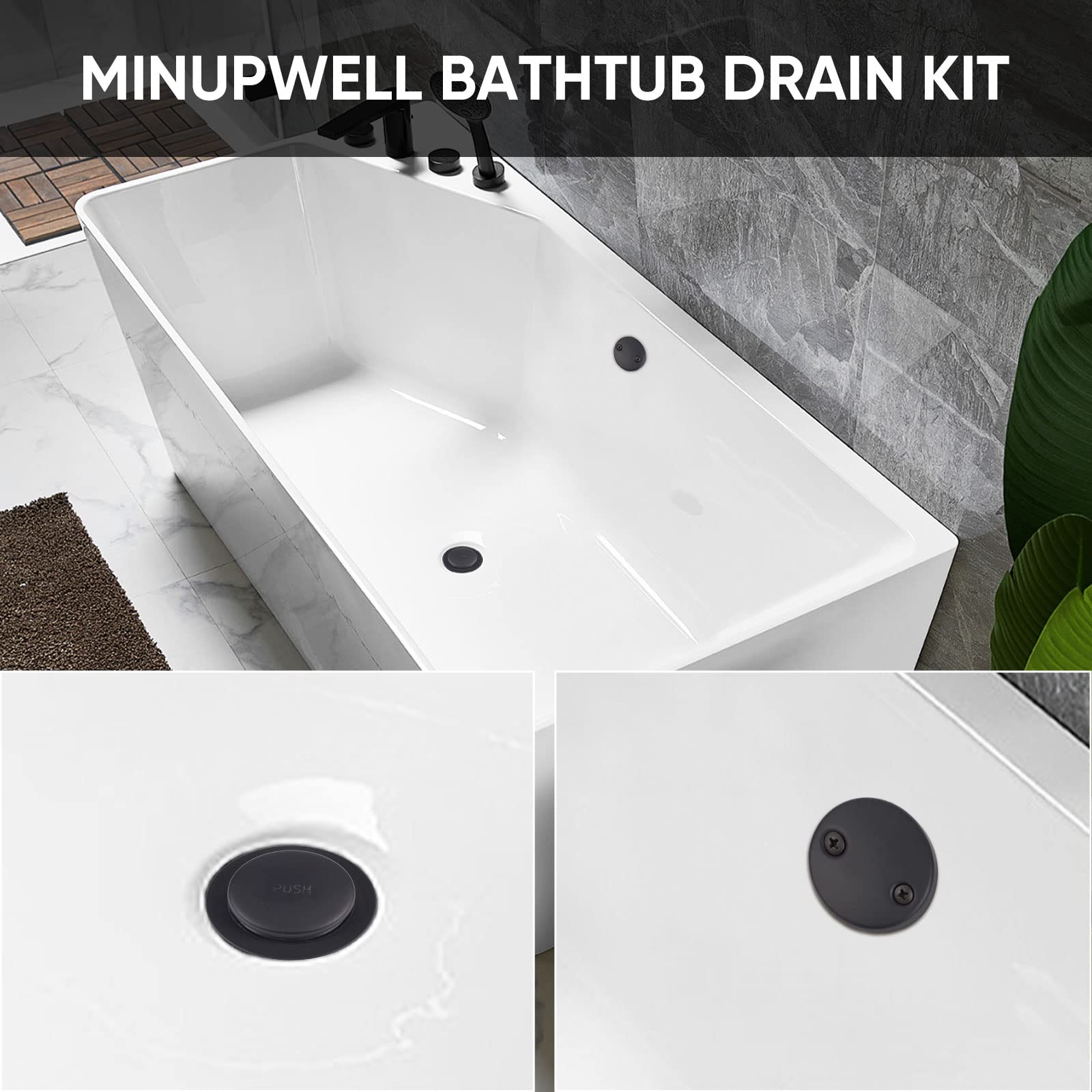 Black Tub Drain Bathtub Drain Conversion Kit with Two-Hole Overflow Faceplate, Minupwell Replacement Tip-Toe Bath Drain Trim Kit with Universal Fine/Coarse Thread Assembly, Matte Black