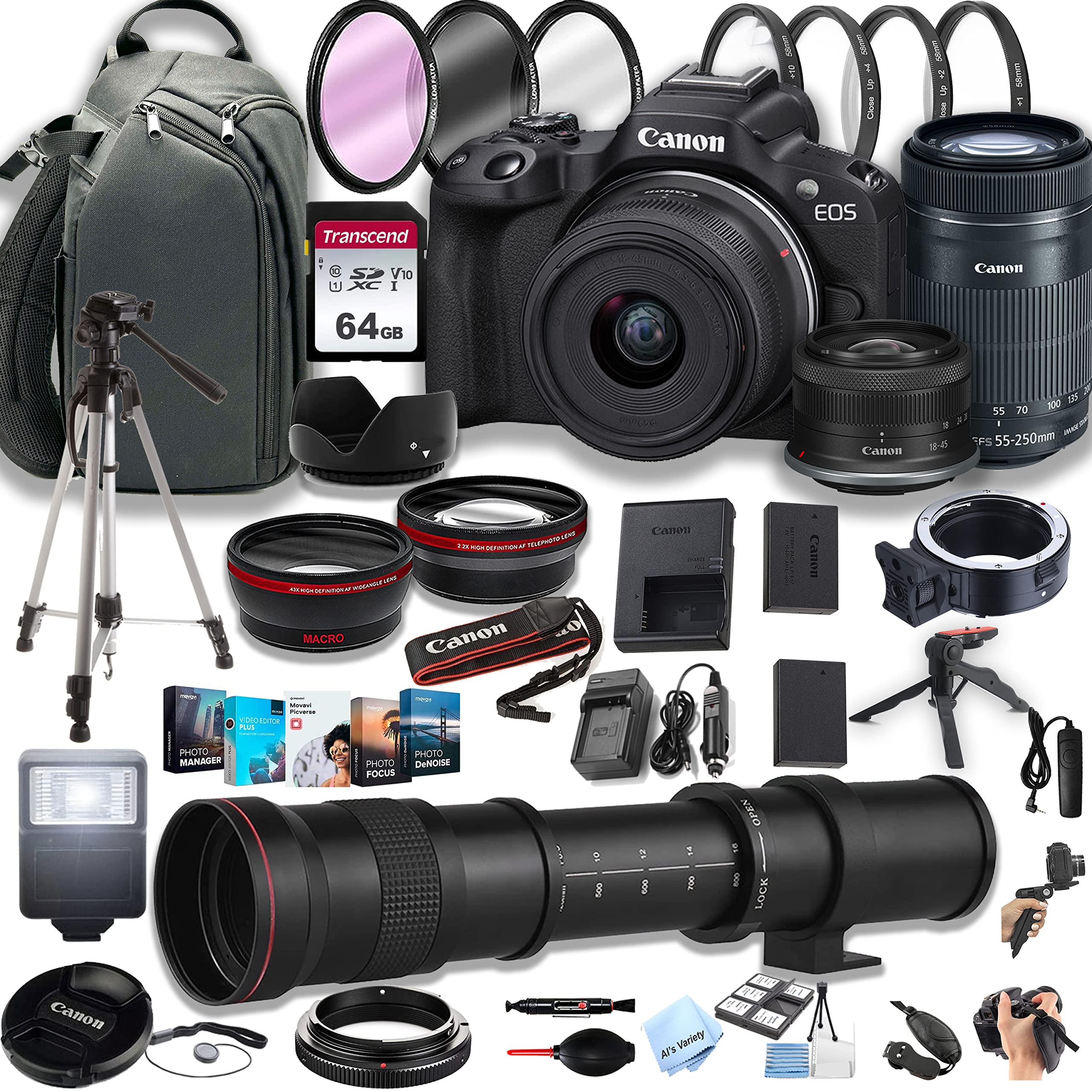 Canon EOS R50 Mirrorless Digital Camera with RF-S 18-45mm f/4.5-6.3 is STM Lens + 55-250mm f/4-5.6 is STM Lens + 420-800mm Super Telephoto Lens + 64GB Memory Cards, Professional Photo Bundle (44pc)