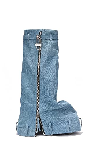 Cape Robbin Women's Fold Over Knee High Boots Platform Heel Padlock Boot with Zipper JENAS - DENIM 7