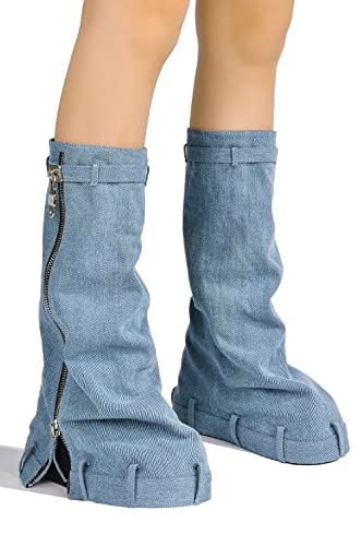 Cape Robbin Women's Fold Over Knee High Boots Platform Heel Padlock Boot with Zipper JENAS - DENIM 7