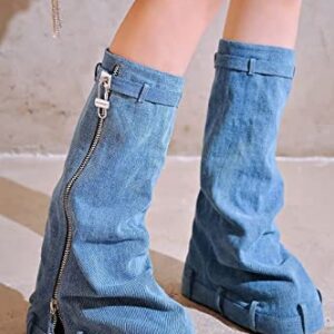 Cape Robbin Women's Fold Over Knee High Boots Platform Heel Padlock Boot with Zipper JENAS - DENIM 7