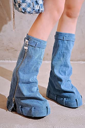 Cape Robbin Women's Fold Over Knee High Boots Platform Heel Padlock Boot with Zipper JENAS - DENIM 7