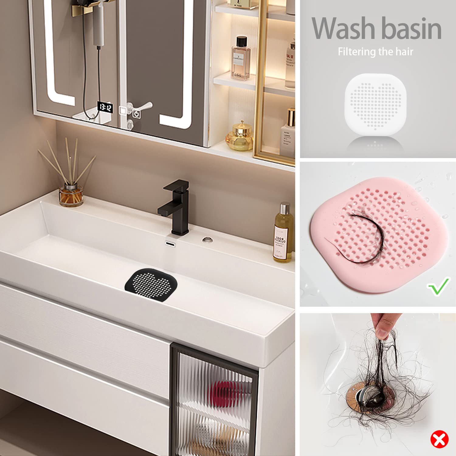 2 Pack Shower Drain Hair Catcher Grey Bathroom Accessories Sturdy Silicone Drain Cover Hair Stopper with Suction Cups for Shower Kitchen Bathroom Big Heart Shape