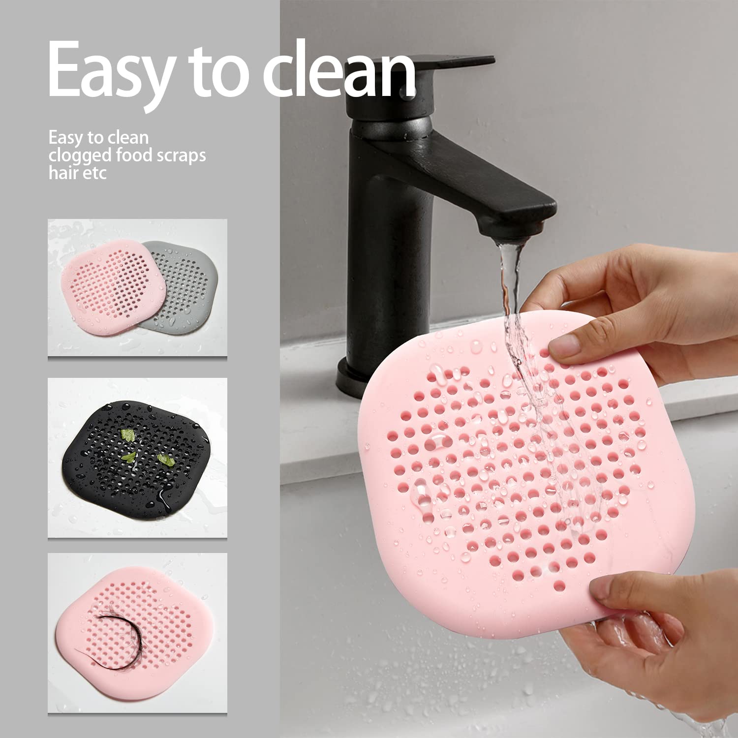 2 Pack Shower Drain Hair Catcher Grey Bathroom Accessories Sturdy Silicone Drain Cover Hair Stopper with Suction Cups for Shower Kitchen Bathroom Big Heart Shape