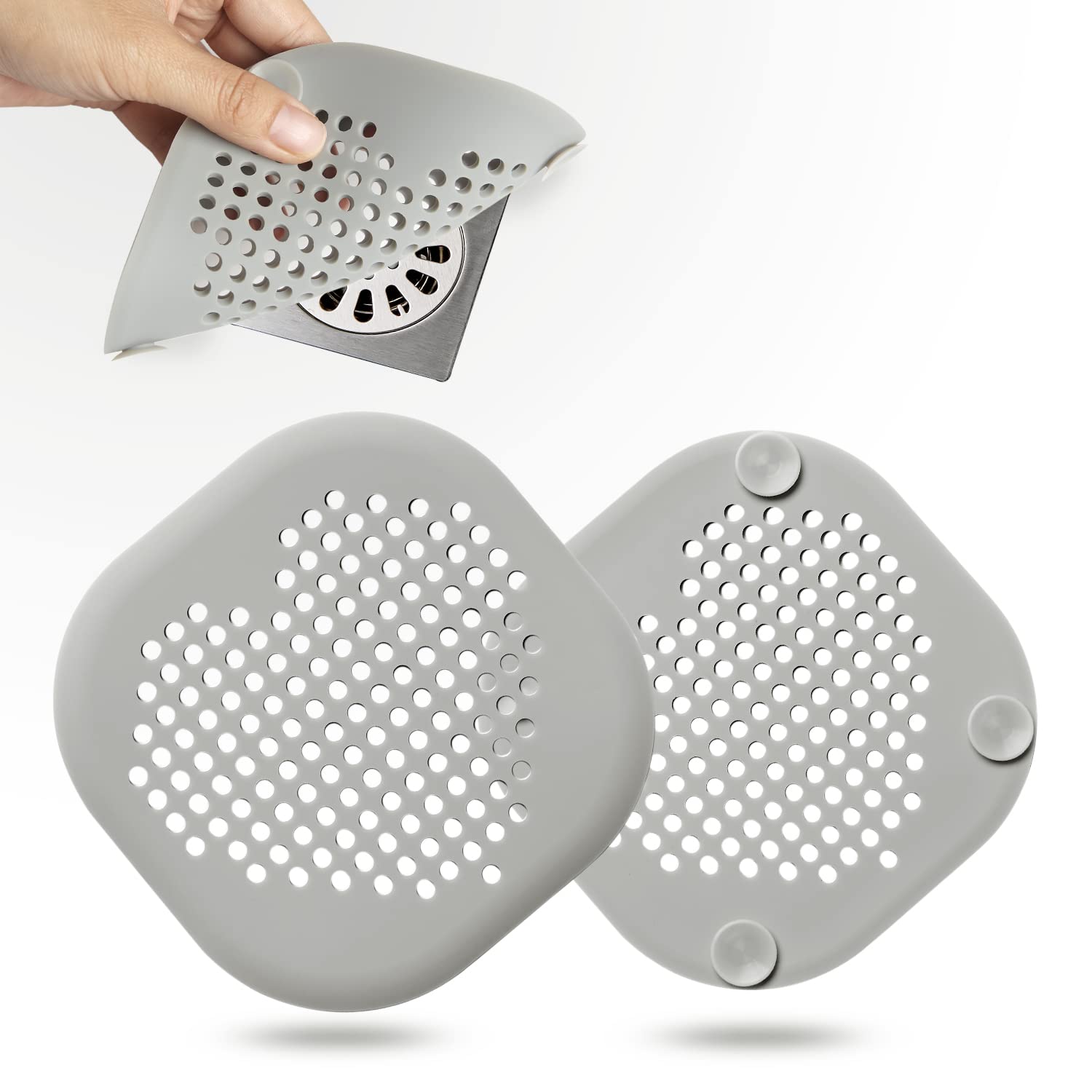 2 Pack Shower Drain Hair Catcher Grey Bathroom Accessories Sturdy Silicone Drain Cover Hair Stopper with Suction Cups for Shower Kitchen Bathroom Big Heart Shape