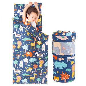 rossison nap mat with pillow and blanket 100% cotton with microfiber fill, padded sleeping mat, for daycare preschool toddler prek boys girls kids (animal park,standard-50 x20)