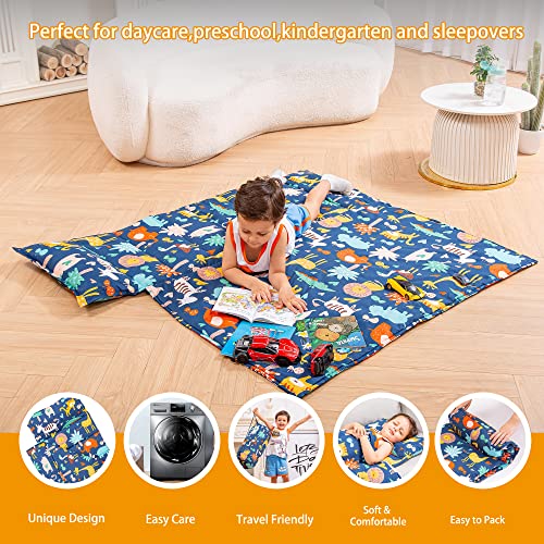 Rossison Nap Mat with Pillow and Blanket 100% Cotton with Microfiber Fill, Padded Sleeping Mat, for Daycare Preschool Toddler Prek Boys Girls Kids (Animal Park,Standard-50 x20)