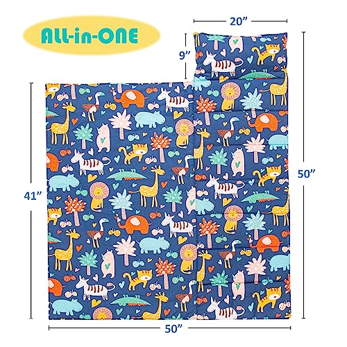 Rossison Nap Mat with Pillow and Blanket 100% Cotton with Microfiber Fill, Padded Sleeping Mat, for Daycare Preschool Toddler Prek Boys Girls Kids (Animal Park,Standard-50 x20)