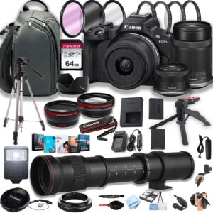 canon eos r50 mirrorless digital camera with rf-s 18-45mm f/4.5-6.3 is stm lens + 55-210mm f/5-7.1 is stm lens + 420-800mm super telephoto lens + 64gb memory cards, professional photo bundle (44pc)