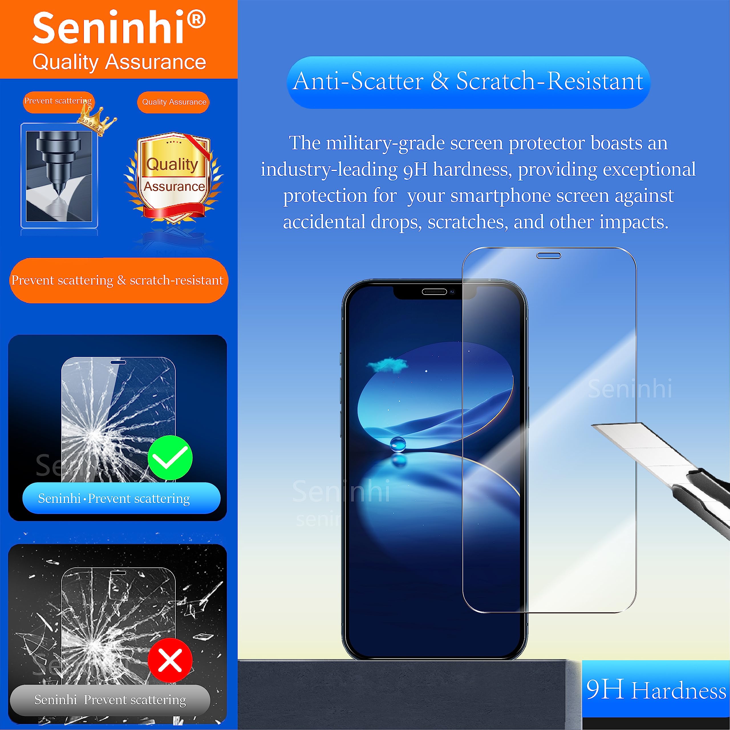 seninhi [3+3Pack] for iphone 12 (6.1inch) Screen Protector 3Pack + Camera Lens Protector 3Pack, Tempered Glass Screen Protector [With Easy Installation Frame] [9H Hardness] [Anti-Scratch] [Bubble