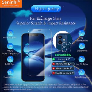 seninhi [3+3Pack] for iphone 12 (6.1inch) Screen Protector 3Pack + Camera Lens Protector 3Pack, Tempered Glass Screen Protector [With Easy Installation Frame] [9H Hardness] [Anti-Scratch] [Bubble