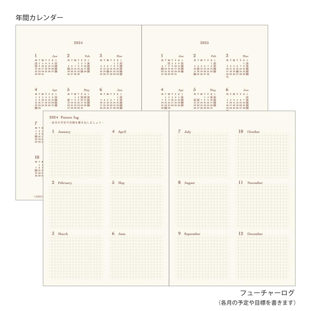 Midori hibino 22290006 Planner, 2024, A6, Daily Blue-Green (Starts January 2024) (Camel)