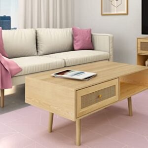 Atlantic Loft & Luv Remy Boho Mid-Century Natural Storage Drawer and Shelf, Finish Rattan Coffee Table