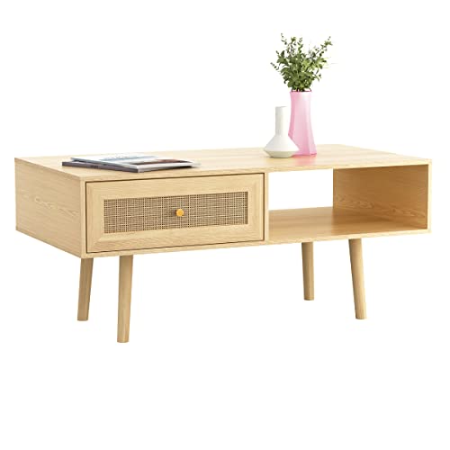 Atlantic Loft & Luv Remy Boho Mid-Century Natural Storage Drawer and Shelf, Finish Rattan Coffee Table