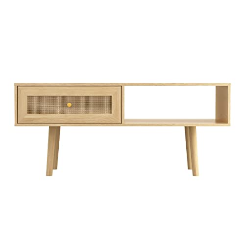 Atlantic Loft & Luv Remy Boho Mid-Century Natural Storage Drawer and Shelf, Finish Rattan Coffee Table