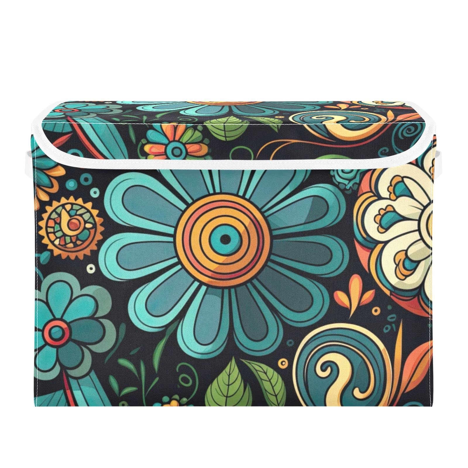 Vnurnrn Storage Bin with Lid Collapsible Hippie Style Floral Print, Large Capacity Foldable Storage Basket Cube for Clothes Toys 16.5×12.6×11.8 IN