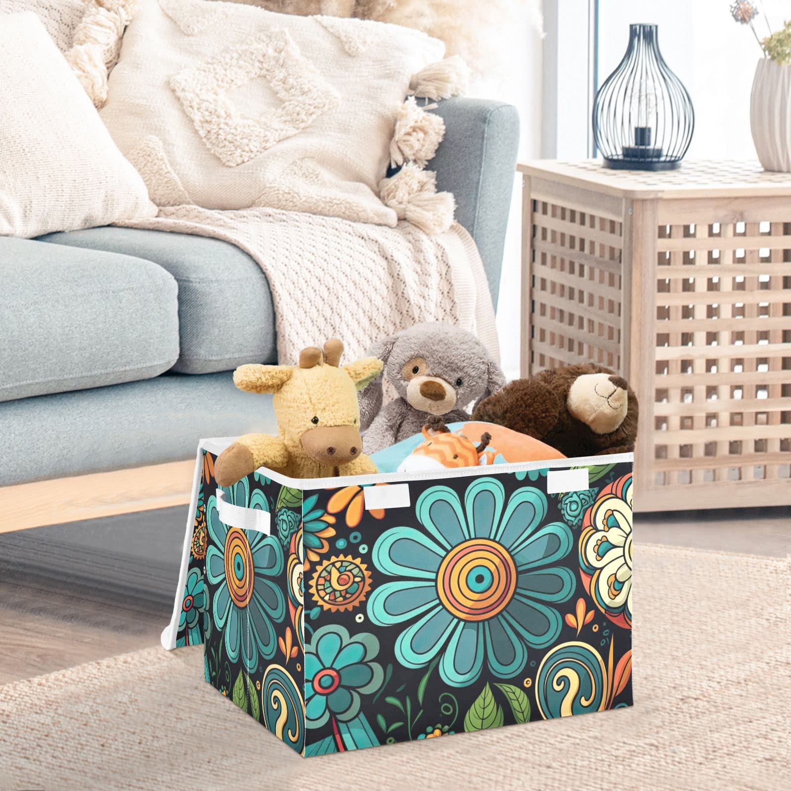 Vnurnrn Storage Bin with Lid Collapsible Hippie Style Floral Print, Large Capacity Foldable Storage Basket Cube for Clothes Toys 16.5×12.6×11.8 IN