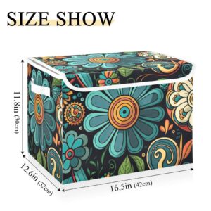 Vnurnrn Storage Bin with Lid Collapsible Hippie Style Floral Print, Large Capacity Foldable Storage Basket Cube for Clothes Toys 16.5×12.6×11.8 IN