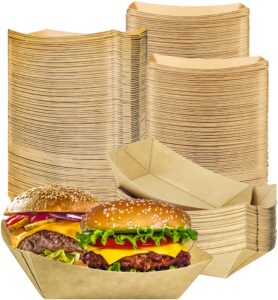 motbach 150 pack 3lb extra large paper food boat trays disposable paper boats, heavy duty food boats, paper food serving tray boat basket for snacks popcorn dessert sandwich burger taco fries nacho